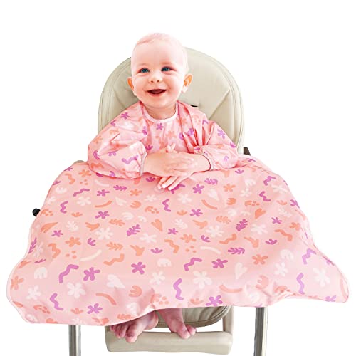 Aijoo All-in-one Coverall Bib, Baby Feeding Bibs, Long Sleeve, BLW Bibs Covers baby and high chair (Pink Flower)