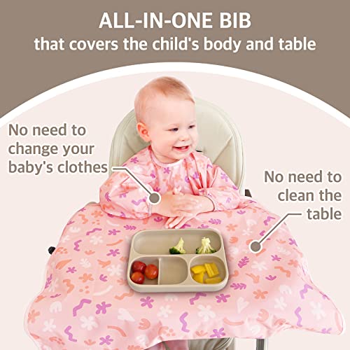 Aijoo All-in-one Coverall Bib, Baby Feeding Bibs, Long Sleeve, BLW Bibs Covers baby and high chair (Pink Flower)