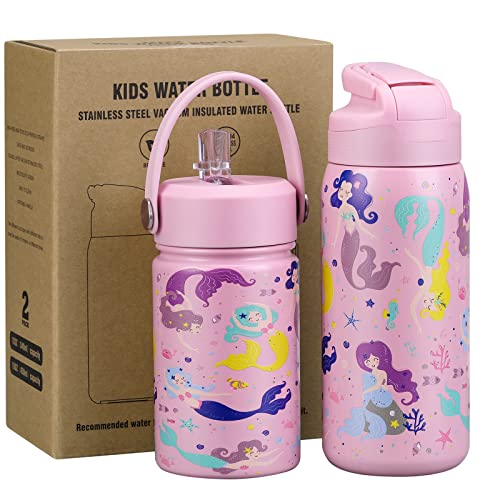 Kids Insulated Water Bottle with Straw for Toddler 2PCS 12OZ and 15OZ Stainless Steel Double Wall Vacuum Water Bottle Set Keep Hot Cold BPA Free and Leakproof Suitable Boys Girls for School, Travel