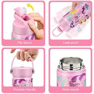 Kids Insulated Water Bottle with Straw for Toddler 2PCS 12OZ and 15OZ Stainless Steel Double Wall Vacuum Water Bottle Set Keep Hot Cold BPA Free and Leakproof Suitable Boys Girls for School, Travel