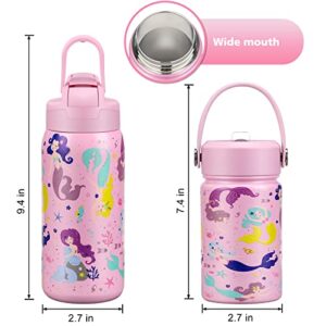 Kids Insulated Water Bottle with Straw for Toddler 2PCS 12OZ and 15OZ Stainless Steel Double Wall Vacuum Water Bottle Set Keep Hot Cold BPA Free and Leakproof Suitable Boys Girls for School, Travel