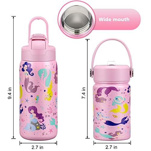 Kids Insulated Water Bottle with Straw for Toddler 2PCS 12OZ and 15OZ Stainless Steel Double Wall Vacuum Water Bottle Set Keep Hot Cold BPA Free and Leakproof Suitable Boys Girls for School, Travel