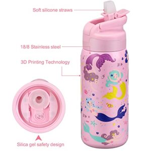 Kids Insulated Water Bottle with Straw for Toddler 2PCS 12OZ and 15OZ Stainless Steel Double Wall Vacuum Water Bottle Set Keep Hot Cold BPA Free and Leakproof Suitable Boys Girls for School, Travel