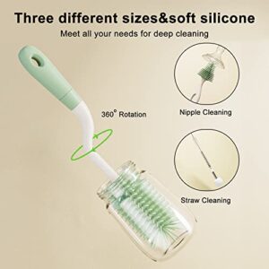 ePiiChua Silicone Bottle Brush Set with Stand, 360° Rotating Silicone Bottle Cleaning Brush Cleaner Set, Long Handle 3 in 1 Multipurpose Silicone Baby Bottle Gap Cap Cleaner Brush (Green)