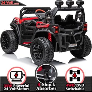 sopbost 2023 Kids Ride On Car 24V Battery Powered 4 Wheeler 2x2/4x4 Motorized Ride On UTV with Parent Remote Ride On Toys, 4 Spring Absorbers, Red