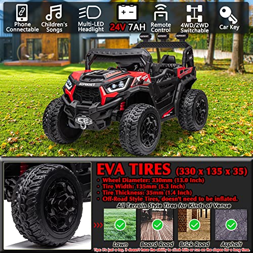 sopbost 2023 Kids Ride On Car 24V Battery Powered 4 Wheeler 2x2/4x4 Motorized Ride On UTV with Parent Remote Ride On Toys, 4 Spring Absorbers, Red