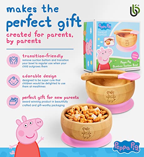 Peppa Pig Suction Bowl for Baby – Bamboo Baby Bowl and Spoon Set with Removable Silicone Suction Cup for Kids | 12oz | Non-Toxic | Cool to The Touch | Ideal for Baby-Led Weaning (Peppa Pig)