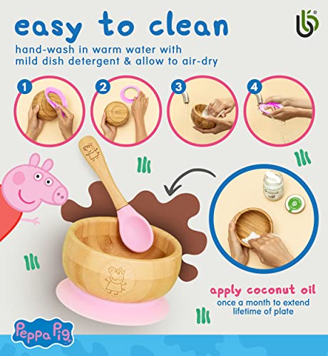 Peppa Pig Suction Bowl for Baby – Bamboo Baby Bowl and Spoon Set with Removable Silicone Suction Cup for Kids | 12oz | Non-Toxic | Cool to The Touch | Ideal for Baby-Led Weaning (Peppa Pig)