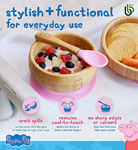 Peppa Pig Suction Bowl for Baby – Bamboo Baby Bowl and Spoon Set with Removable Silicone Suction Cup for Kids | 12oz | Non-Toxic | Cool to The Touch | Ideal for Baby-Led Weaning (Peppa Pig)