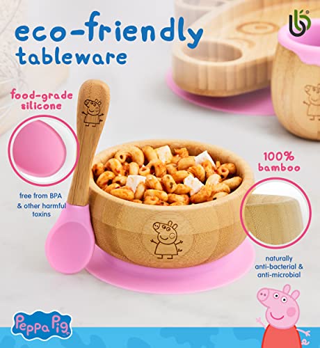 Peppa Pig Suction Bowl for Baby – Bamboo Baby Bowl and Spoon Set with Removable Silicone Suction Cup for Kids | 12oz | Non-Toxic | Cool to The Touch | Ideal for Baby-Led Weaning (Peppa Pig)