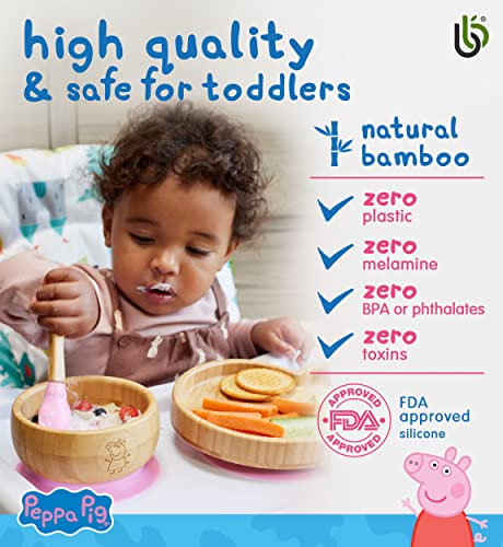 Peppa Pig Suction Bowl for Baby – Bamboo Baby Bowl and Spoon Set with Removable Silicone Suction Cup for Kids | 12oz | Non-Toxic | Cool to The Touch | Ideal for Baby-Led Weaning (Peppa Pig)