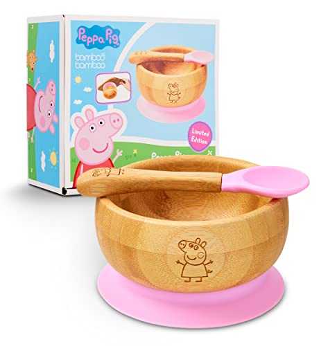 Peppa Pig Suction Bowl for Baby – Bamboo Baby Bowl and Spoon Set with Removable Silicone Suction Cup for Kids | 12oz | Non-Toxic | Cool to The Touch | Ideal for Baby-Led Weaning (Peppa Pig)