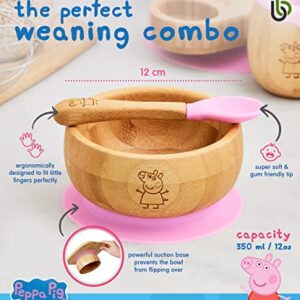 Peppa Pig Suction Bowl for Baby – Bamboo Baby Bowl and Spoon Set with Removable Silicone Suction Cup for Kids | 12oz | Non-Toxic | Cool to The Touch | Ideal for Baby-Led Weaning (Peppa Pig)