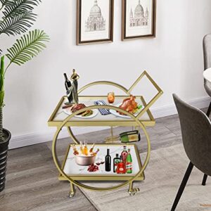 AT-VALY Bar Cart with Wine Rack,2-Tier Mobile Serving Cart on Wheels,Wine Cart for Home, Kitchen,Gold