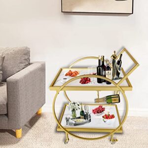 AT-VALY Bar Cart with Wine Rack,2-Tier Mobile Serving Cart on Wheels,Wine Cart for Home, Kitchen,Gold