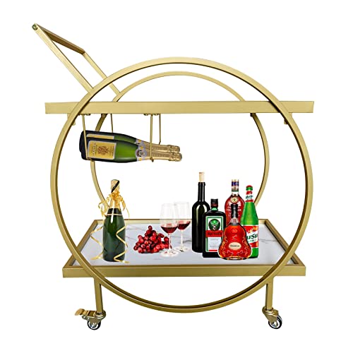 AT-VALY Bar Cart with Wine Rack,2-Tier Mobile Serving Cart on Wheels,Wine Cart for Home, Kitchen,Gold