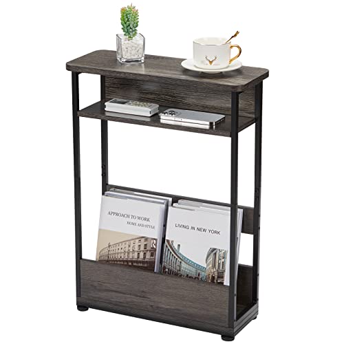 Vintage Narrow Side Table with Storage Shelf, 3 Tier Slim End Table Modern Sofa Table for Narrow and Small Spaces, Bedside Table Small Nightstand with Magazine Rack/Grey, 7.1D x 18.1W x 24.6H inch