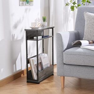 Vintage Narrow Side Table with Storage Shelf, 3 Tier Slim End Table Modern Sofa Table for Narrow and Small Spaces, Bedside Table Small Nightstand with Magazine Rack/Grey, 7.1D x 18.1W x 24.6H inch