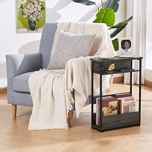 Vintage Narrow Side Table with Storage Shelf, 3 Tier Slim End Table Modern Sofa Table for Narrow and Small Spaces, Bedside Table Small Nightstand with Magazine Rack/Grey, 7.1D x 18.1W x 24.6H inch