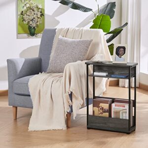 Vintage Narrow Side Table with Storage Shelf, 3 Tier Slim End Table Modern Sofa Table for Narrow and Small Spaces, Bedside Table Small Nightstand with Magazine Rack/Grey, 7.1D x 18.1W x 24.6H inch