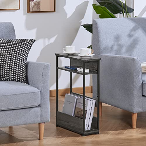 Vintage Narrow Side Table with Storage Shelf, 3 Tier Slim End Table Modern Sofa Table for Narrow and Small Spaces, Bedside Table Small Nightstand with Magazine Rack/Grey, 7.1D x 18.1W x 24.6H inch