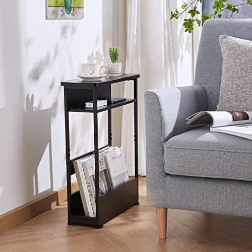 Vintage Narrow Side Table with Storage Shelf, 3 Tier Slim End Table Modern Sofa Table for Narrow and Small Spaces, 24.6 Inch Height Bedside Table Small Nightstand with Magazine Rack/Black