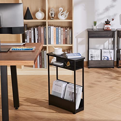 Vintage Narrow Side Table with Storage Shelf, 3 Tier Slim End Table Modern Sofa Table for Narrow and Small Spaces, 24.6 Inch Height Bedside Table Small Nightstand with Magazine Rack/Black