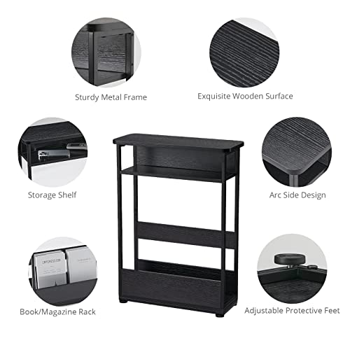 Vintage Narrow Side Table with Storage Shelf, 3 Tier Slim End Table Modern Sofa Table for Narrow and Small Spaces, 24.6 Inch Height Bedside Table Small Nightstand with Magazine Rack/Black