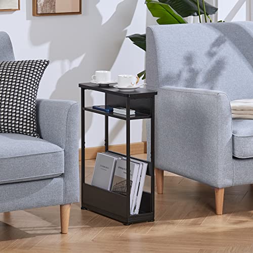 Vintage Narrow Side Table with Storage Shelf, 3 Tier Slim End Table Modern Sofa Table for Narrow and Small Spaces, 24.6 Inch Height Bedside Table Small Nightstand with Magazine Rack/Black