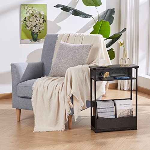 Vintage Narrow Side Table with Storage Shelf, 3 Tier Slim End Table Modern Sofa Table for Narrow and Small Spaces, 24.6 Inch Height Bedside Table Small Nightstand with Magazine Rack/Black