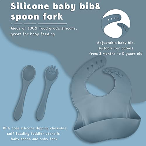 TQONEP Silicone Baby Feeding Set,Baby Led Weaning Supplies Suction Divided Plates Adjustable Silicone Toddler Soft Bowl Spoons Forks Silicone Toddler Cup BPA Free（Blue & Gray 12 PACK）