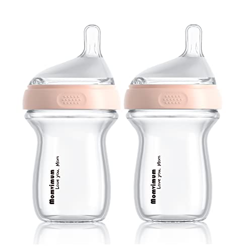 Glass Baby Bottle 6 oz - Breast Like Bottles for Breastfed Babies, Wide Neck, Anti Colic, 3 Months+, 2 Count (Pink)