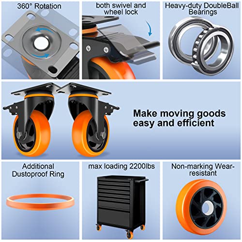 4 Inch Caster Wheels with Brake 2200lbs, Casters Set of 4, Heavy Duty Casters,Industrial Polyurethane Casters with Double Ball Bearings, Top Plate Swivel Castors Wheels for Furniture,Workbench,Cabinet