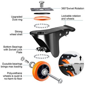 4 Inch Caster Wheels with Brake 2200lbs, Casters Set of 4, Heavy Duty Casters,Industrial Polyurethane Casters with Double Ball Bearings, Top Plate Swivel Castors Wheels for Furniture,Workbench,Cabinet