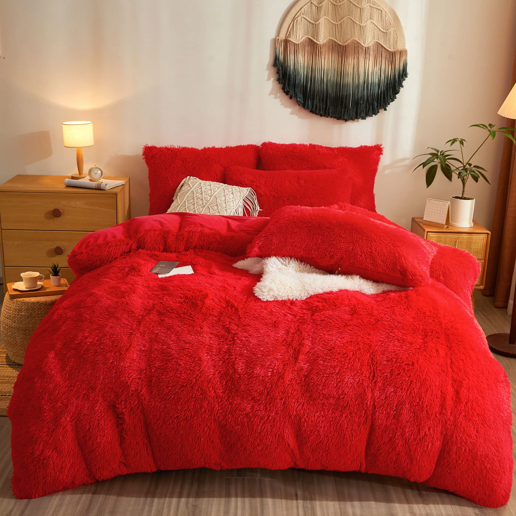 Shaggy Duvet Cover 5 Set, Fluffy Faux Fur Red Comforter Set Queen - Plush Ultra Soft Crystal Velvet Fluffy Red Bedding, Red Furry 5 Sets Pieces Queen Bed Set(Full/Queen, Red)