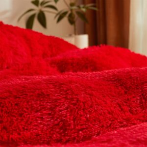 Shaggy Duvet Cover 5 Set, Fluffy Faux Fur Red Comforter Set Queen - Plush Ultra Soft Crystal Velvet Fluffy Red Bedding, Red Furry 5 Sets Pieces Queen Bed Set(Full/Queen, Red)