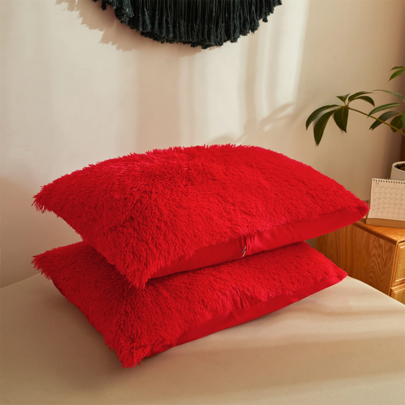 Shaggy Duvet Cover 5 Set, Fluffy Faux Fur Red Comforter Set Queen - Plush Ultra Soft Crystal Velvet Fluffy Red Bedding, Red Furry 5 Sets Pieces Queen Bed Set(Full/Queen, Red)