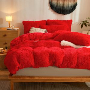 Shaggy Duvet Cover 5 Set, Fluffy Faux Fur Red Comforter Set Queen - Plush Ultra Soft Crystal Velvet Fluffy Red Bedding, Red Furry 5 Sets Pieces Queen Bed Set(Full/Queen, Red)