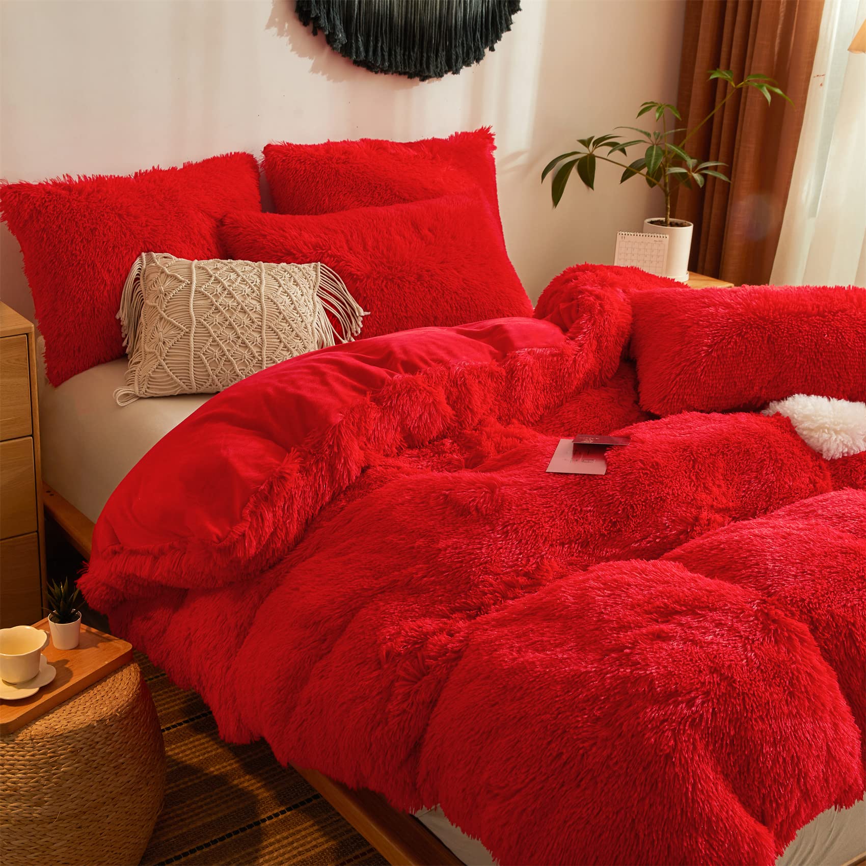 Shaggy Duvet Cover 5 Set, Fluffy Faux Fur Red Comforter Set Queen - Plush Ultra Soft Crystal Velvet Fluffy Red Bedding, Red Furry 5 Sets Pieces Queen Bed Set(Full/Queen, Red)