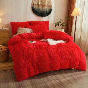 Shaggy Duvet Cover 5 Set, Fluffy Faux Fur Red Comforter Set Queen - Plush Ultra Soft Crystal Velvet Fluffy Red Bedding, Red Furry 5 Sets Pieces Queen Bed Set(Full/Queen, Red)