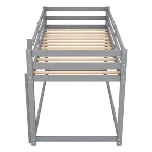 ZJIAH Solid Wood Twin Over Twin Floor Bunk Bed w Ladder, Safety Guard Rails, 400LBS Wooden Twin Bunk Beds for Teens/Adults, Low Bed Frame Bedroom Furniture, No Box Spring Required, Grey