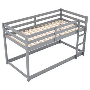 ZJIAH Solid Wood Twin Over Twin Floor Bunk Bed w Ladder, Safety Guard Rails, 400LBS Wooden Twin Bunk Beds for Teens/Adults, Low Bed Frame Bedroom Furniture, No Box Spring Required, Grey