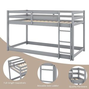 ZJIAH Solid Wood Twin Over Twin Floor Bunk Bed w Ladder, Safety Guard Rails, 400LBS Wooden Twin Bunk Beds for Teens/Adults, Low Bed Frame Bedroom Furniture, No Box Spring Required, Grey