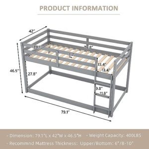 ZJIAH Solid Wood Twin Over Twin Floor Bunk Bed w Ladder, Safety Guard Rails, 400LBS Wooden Twin Bunk Beds for Teens/Adults, Low Bed Frame Bedroom Furniture, No Box Spring Required, Grey