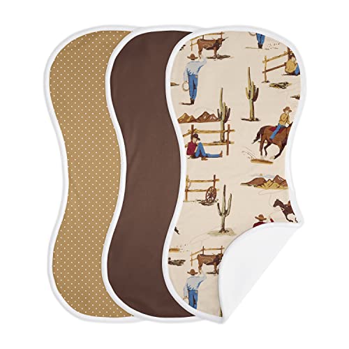 Sweet Jojo Designs Western Cowboy Baby Boy Absorbent Burp Cloths for Infant Newborn - Red Blue Tan Chocolate Brown and White Wild West Southern Country Horse - 3 Pack Set of Dribble Drool Cloths