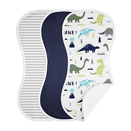 Sweet Jojo Designs Blue and Green Dinosaur Baby Boy Absorbent Burp Cloths for Infant Newborn - Grey Modern Boho Mod Dinosaurs - 3 Pack Set of Dribble Drool Cloths