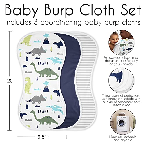 Sweet Jojo Designs Blue and Green Dinosaur Baby Boy Absorbent Burp Cloths for Infant Newborn - Grey Modern Boho Mod Dinosaurs - 3 Pack Set of Dribble Drool Cloths