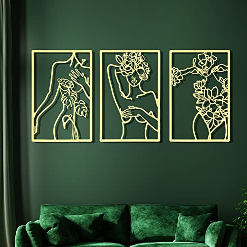 CHENGU 3 Pieces Metal Minimalist Abstract Woman Wall Art Line Drawing Wall Art Decor Single Line Female Home Hanging Wall Art Decor for Kitchen Bathroom Living Room (Gold, Simple Style)