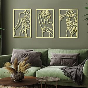 CHENGU 3 Pieces Metal Minimalist Abstract Woman Wall Art Line Drawing Wall Art Decor Single Line Female Home Hanging Wall Art Decor for Kitchen Bathroom Living Room (Gold, Simple Style)