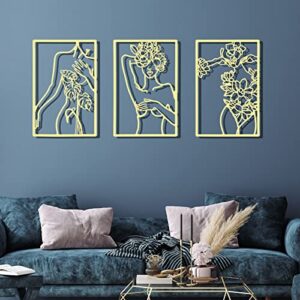 CHENGU 3 Pieces Metal Minimalist Abstract Woman Wall Art Line Drawing Wall Art Decor Single Line Female Home Hanging Wall Art Decor for Kitchen Bathroom Living Room (Gold, Simple Style)